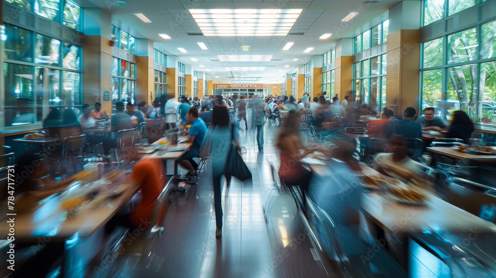 Busy student dinner hall, motion blur, university life, social ...