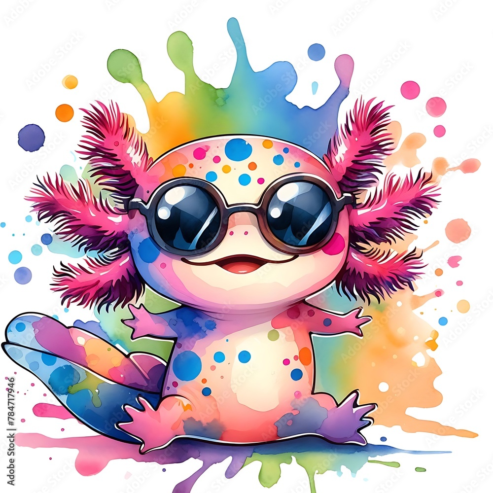 Cartoon Axolotl : Abstract Watercolor Painting with Colorful Details ...