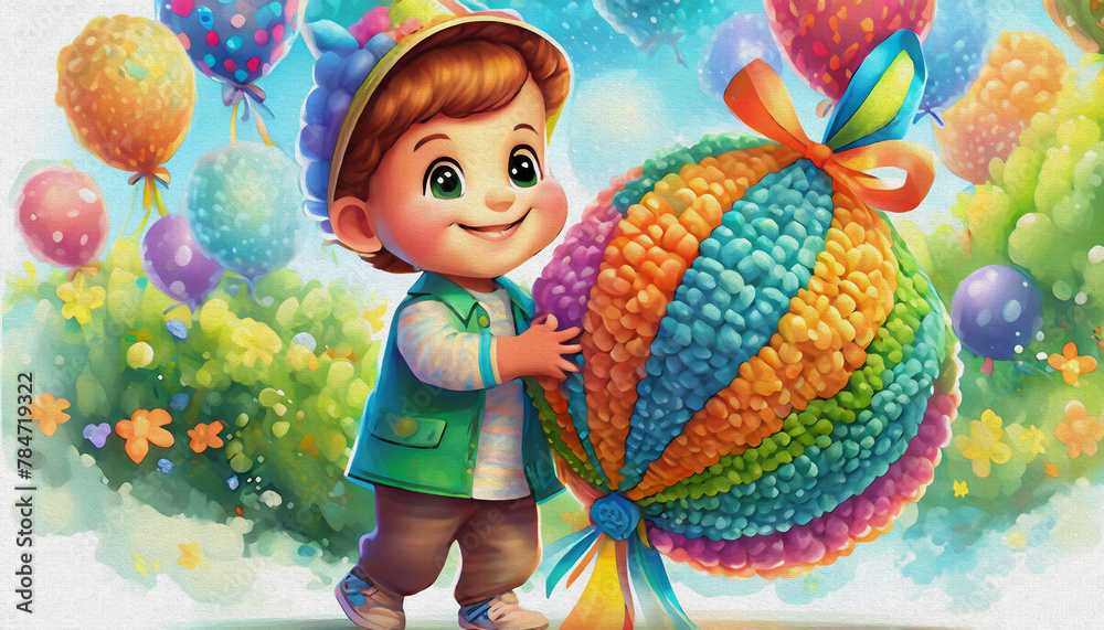 oil painting style CARTOON CHARACTER CUTE baby boy holding colorful ...