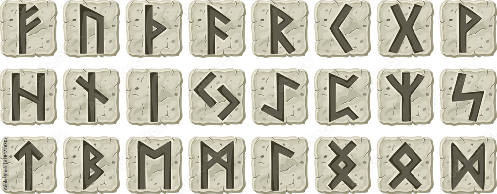 Viking runes, celtic alphabet with ancient runic signs on stone ...