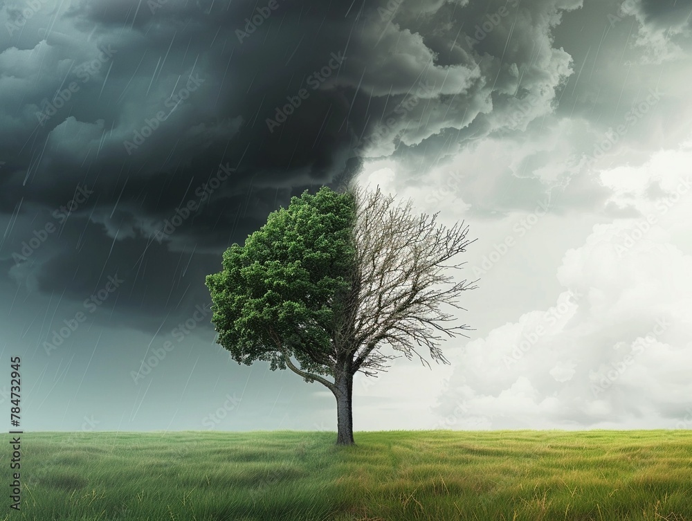 A lone tree with half lush leaves and half bare branches under stormy ...