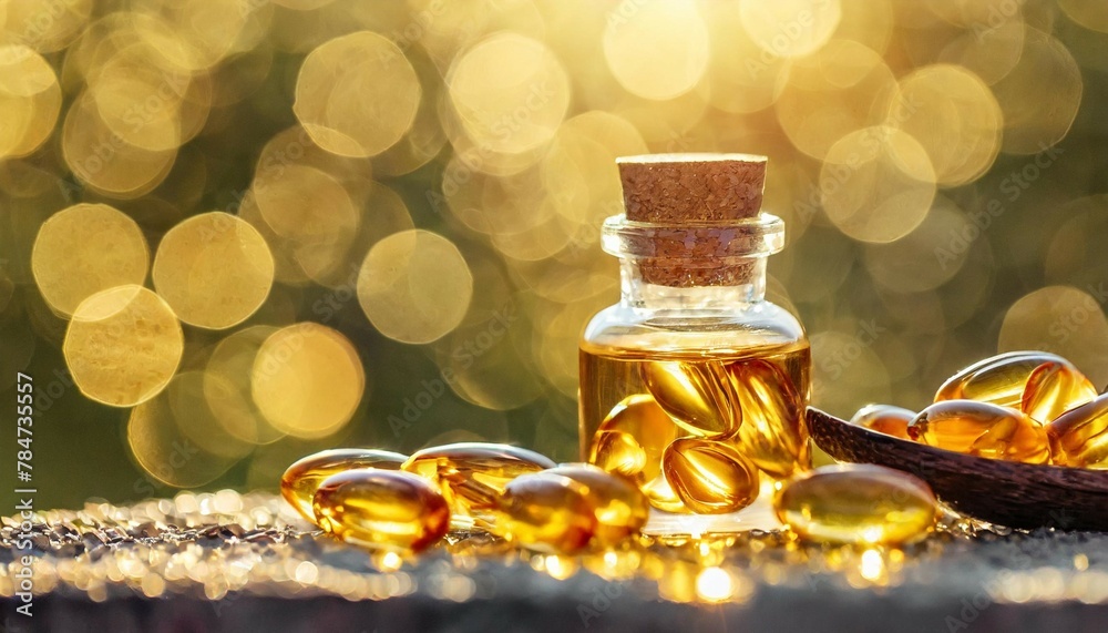 Vitamin D capsules tablets in sunshine, sunlight. Omega 3 fish oil ...