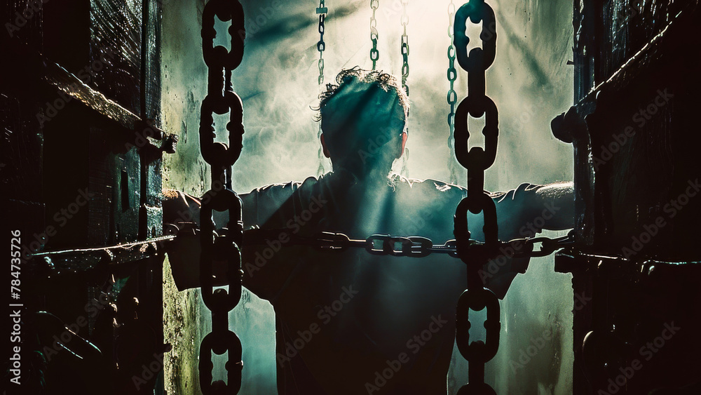 Silhouetted person with hands chained in a dark, mysterious setting ...