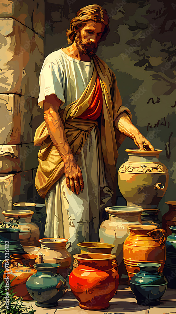 Jesus turns water into a wine, biblical illustration Stock Photo ...
