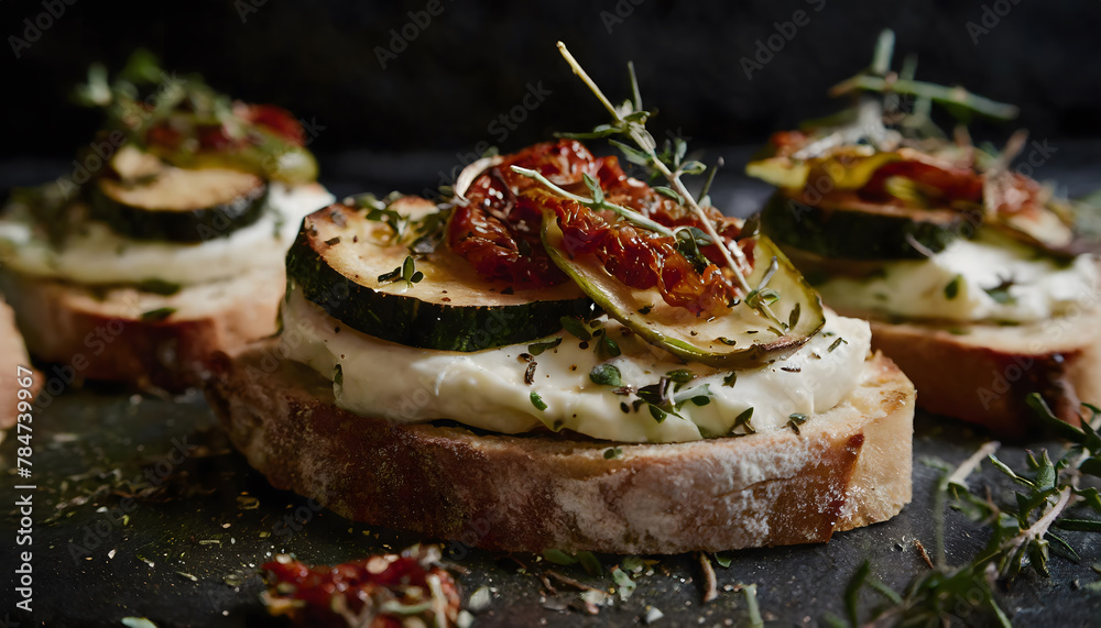 Sauerteig, brot, belegt, mit, zucchini, burrata, canape, close up ...