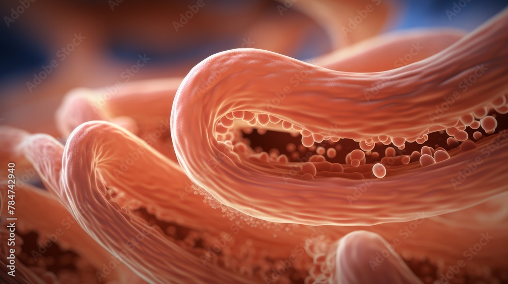 Internal perspective of a tapeworm within a host body. Visualization of ...