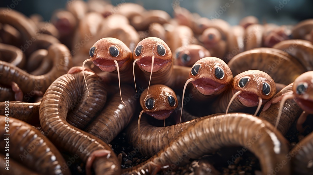 Amusing caricature of smiling cartoonish parasitic worms. A humorous ...