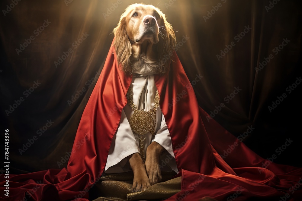 Majestic wise dog sage dressed in robe in the rays of light. Light ...