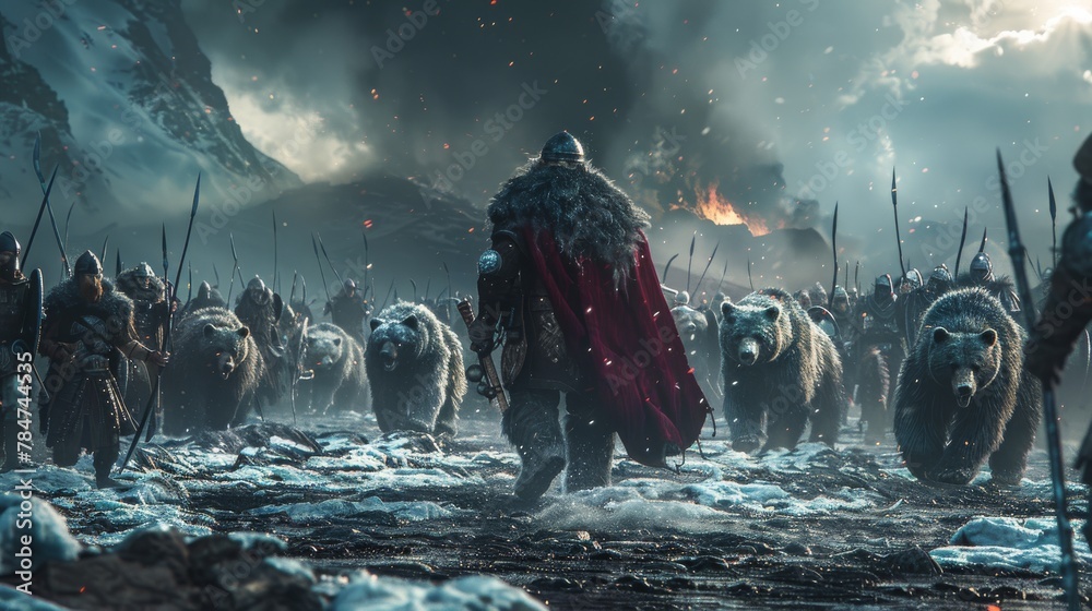 Epic Viking battle scene with warriors and bears in snowy mountain ...