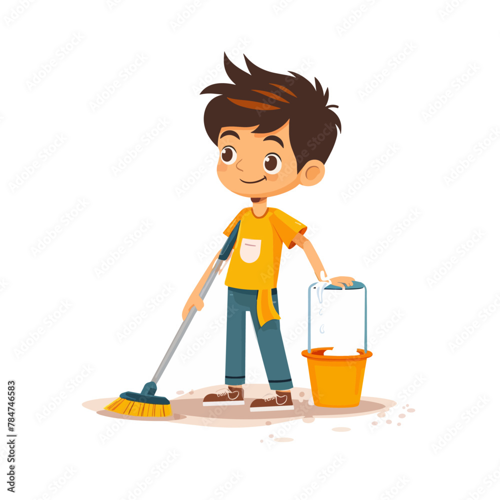 Cute little boy cleaning floor with mop and bucket, cartoon vector ...
