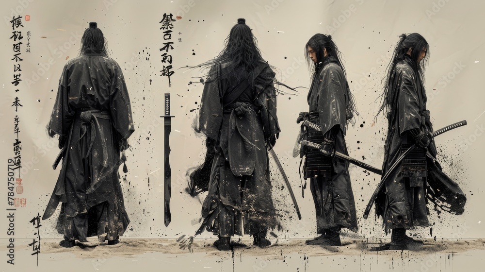 Three mysterious samurai warriors in traditional black outfits, poised ...