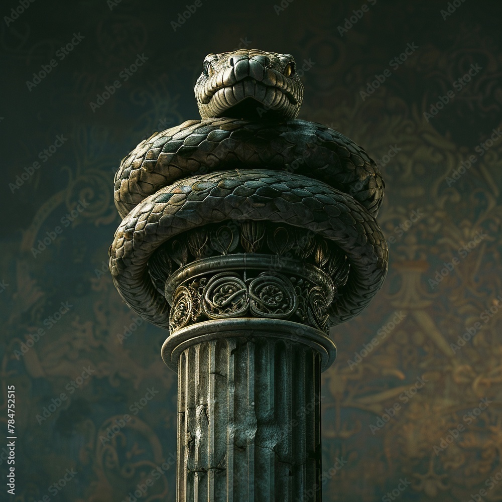 A serpent coiled around a classical column, its head poised at the top ...