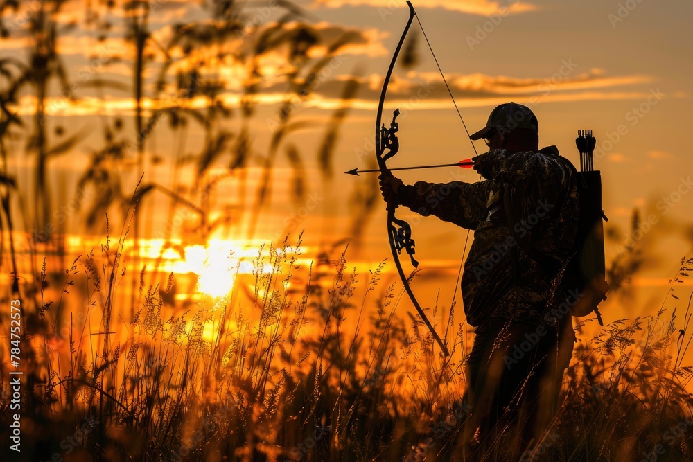 Sunrise Bow Hunt: Silhouette of Adult Male Sportsman Aiming Arrow at ...