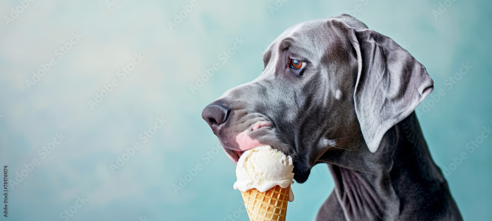 blue great dane dog licking ice cream from cone, green background, side ...