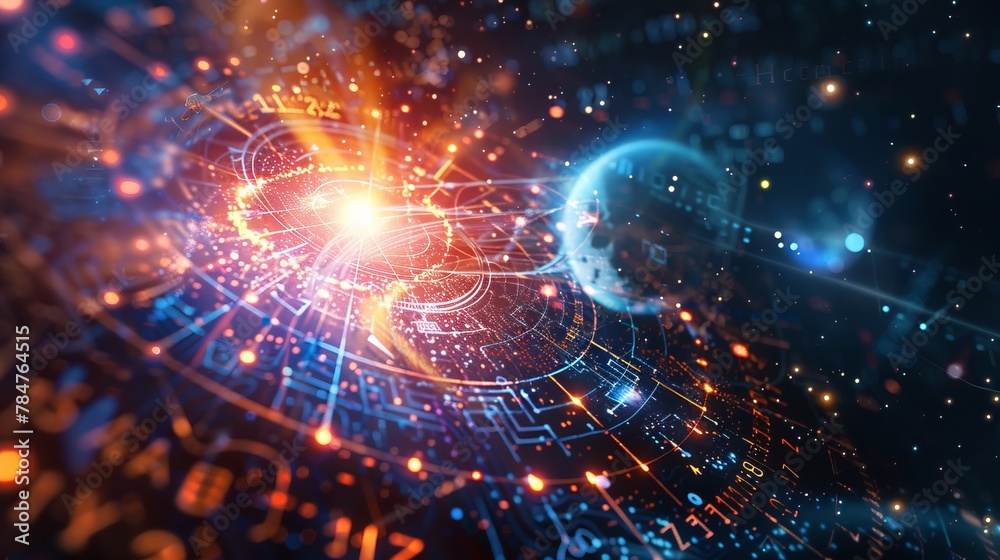 Physics or mathematical equations on a universe-themed LED background ...