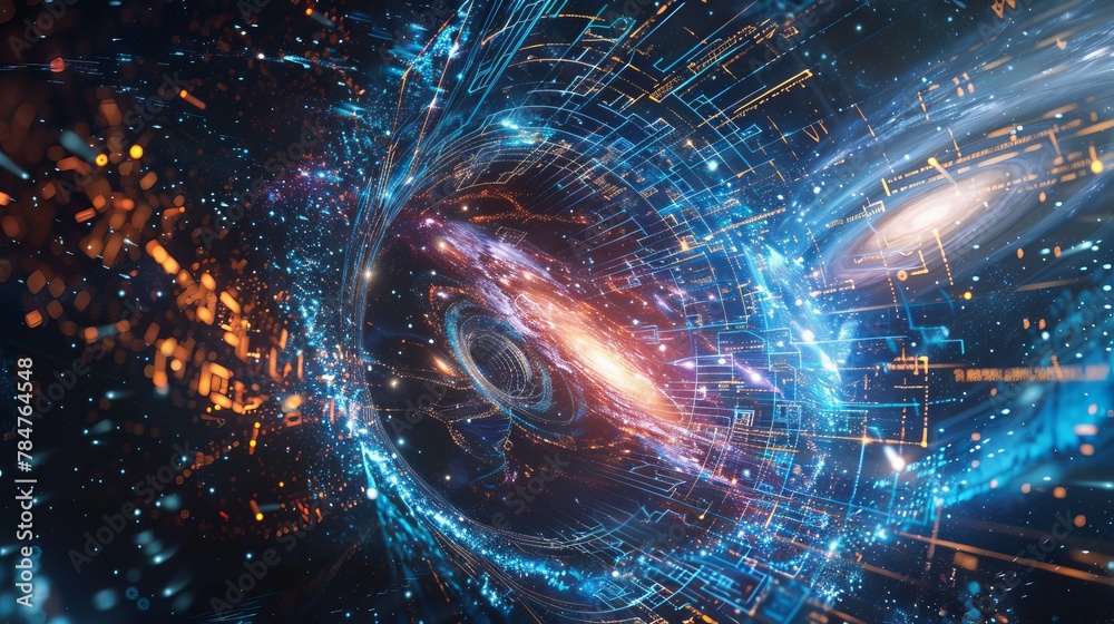 Physics or mathematical equations on a universe-themed LED background ...