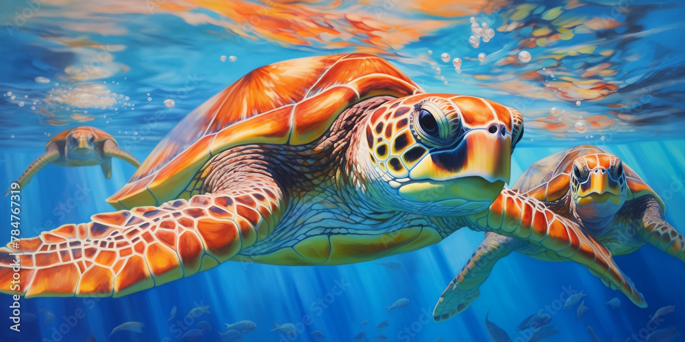 Two sea turtles swimming side by side in a vibrant coral reef, their ...