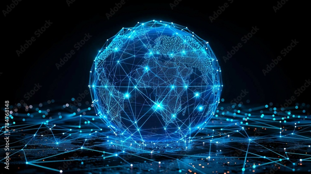 blue hologram globe with world map with glowing data streams, ai global communication networks ...