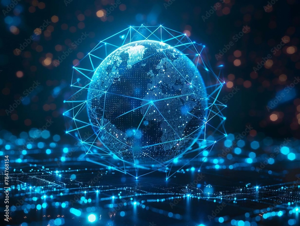blue hologram globe with world map with glowing data streams, ai global ...