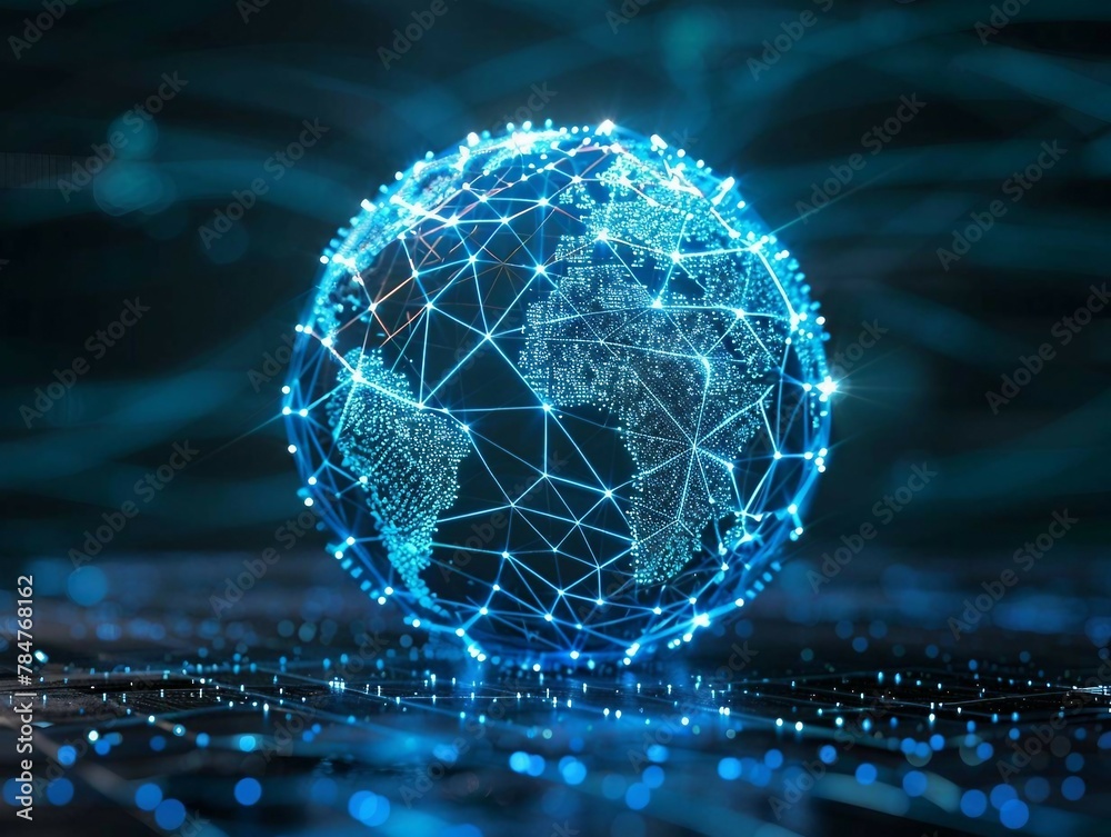 blue hologram globe with world map with glowing data streams, ai global ...