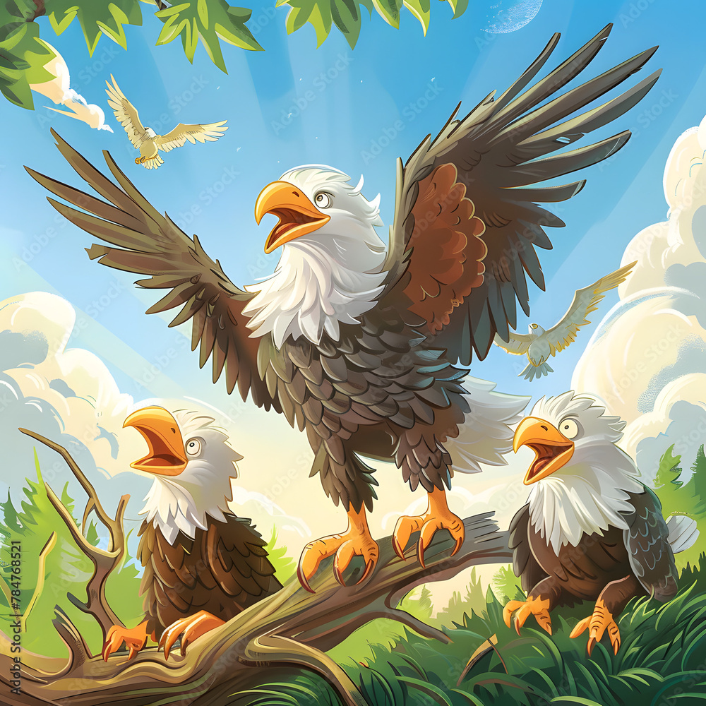 Cartoon Illustration of American bald eagle family with daily life ...