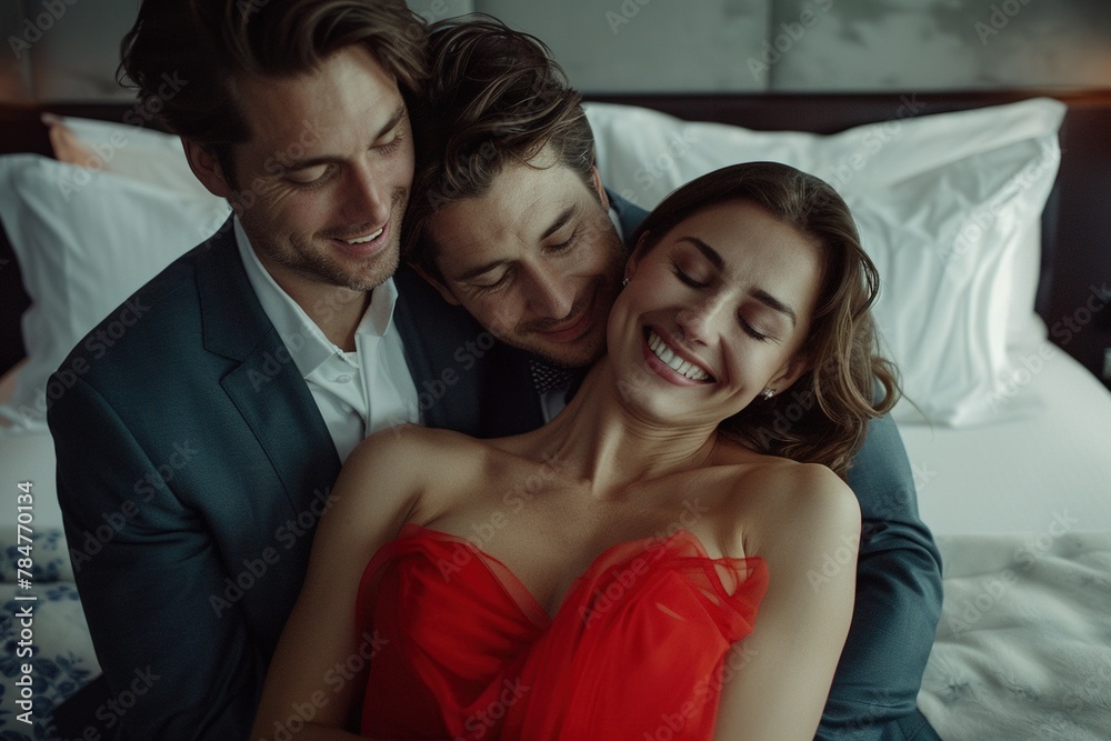 The concept of a threesome. A woman and two men in love. Two men in ...