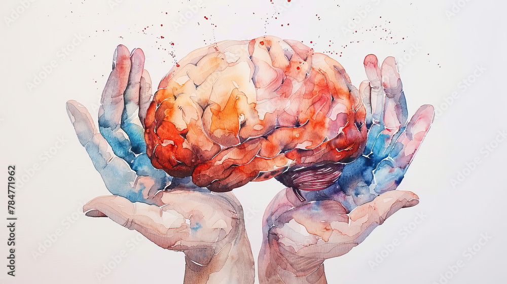 human hands holding brain watercolor art World Schizophrenia Day on may ...