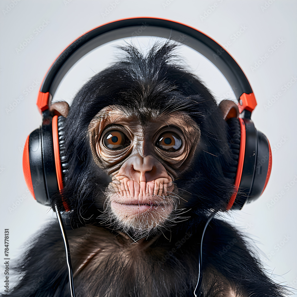 Cute and happy little monkey in headphones on a white background. Music ...