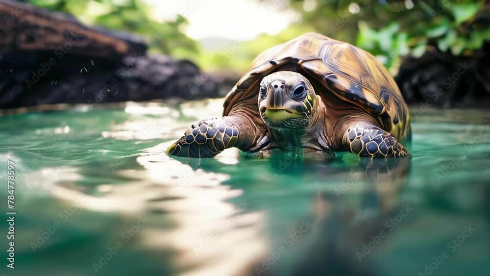 Galapagos tortoise wading through the water. Ancient reptile in its ...