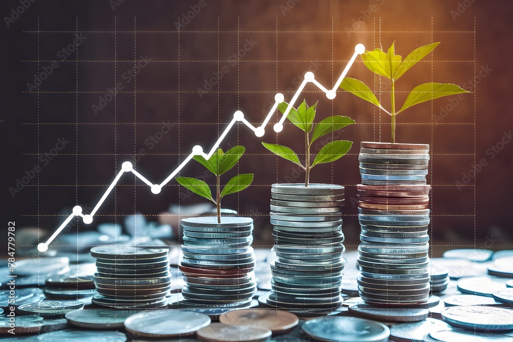 Double Exposure Combining Graph Rows With Stacks Of Coins Stock Illustration Adobe Stock