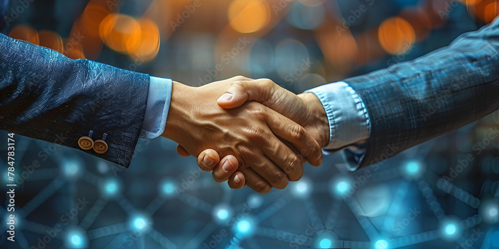 Successful business merger handshake with upward graphs symbolizing ...