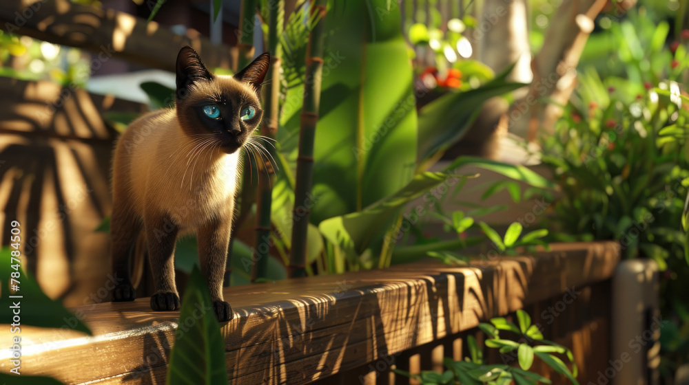 Siamese cat with light and dark fur stands alertly on a ledge in a ...