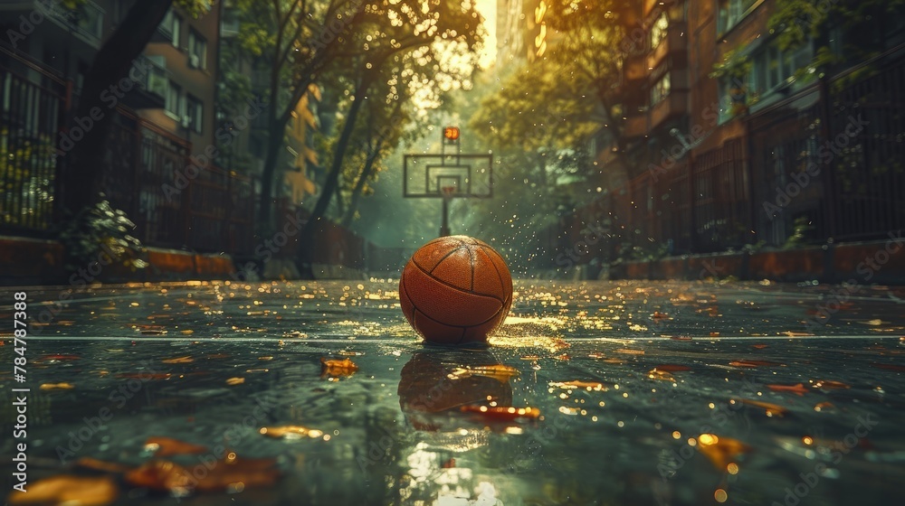 Basketball court with a ball bouncing, dynamic composition and urban ...