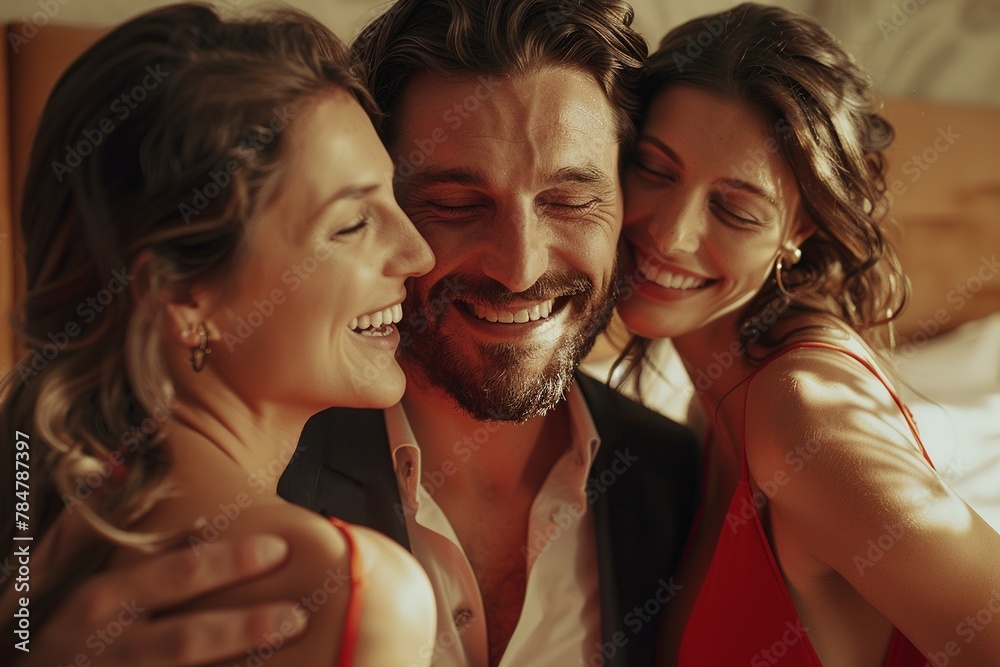 The concept of a threesome. A man and two women in love. A man in a ...