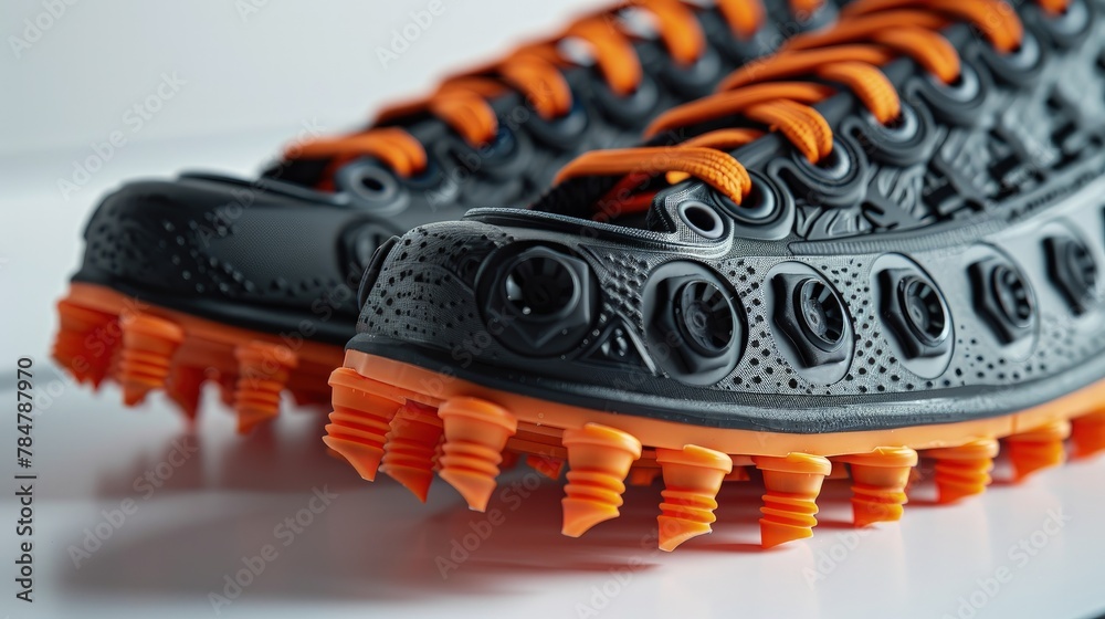 Dynamic photo of track spikes and starting blocks on a white background ...
