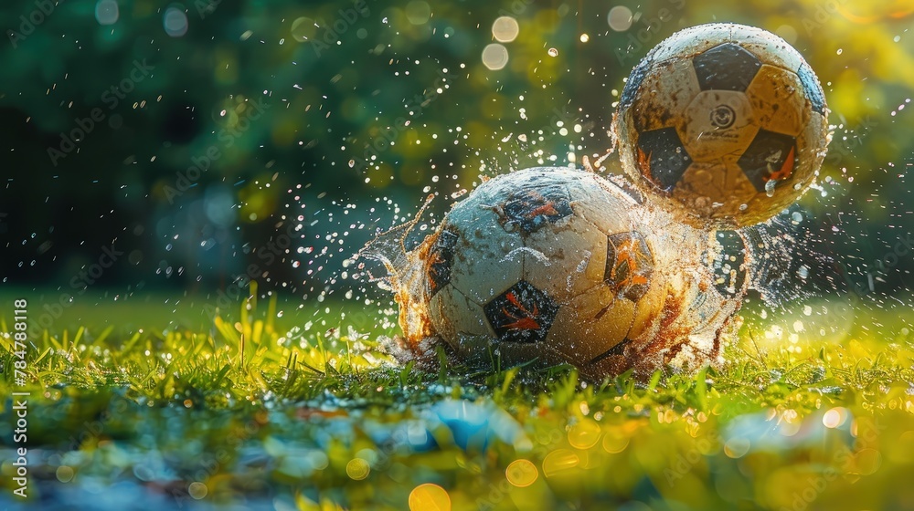 Football in mid-air after a kick, motion blur and vibrant green grass ...