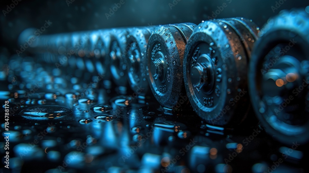 Gym weights in a row with reflective surfaces, strength and ...