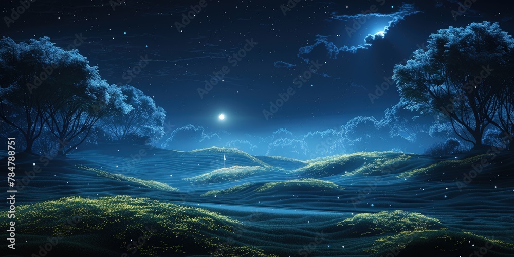 Surreal image of a golf course at night, with glowing golf balls flying ...