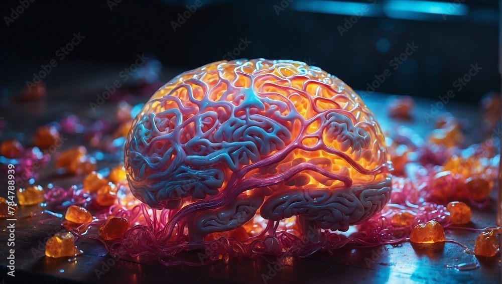 Abstract human brain including the cerebral cortex with undulating gyri ...