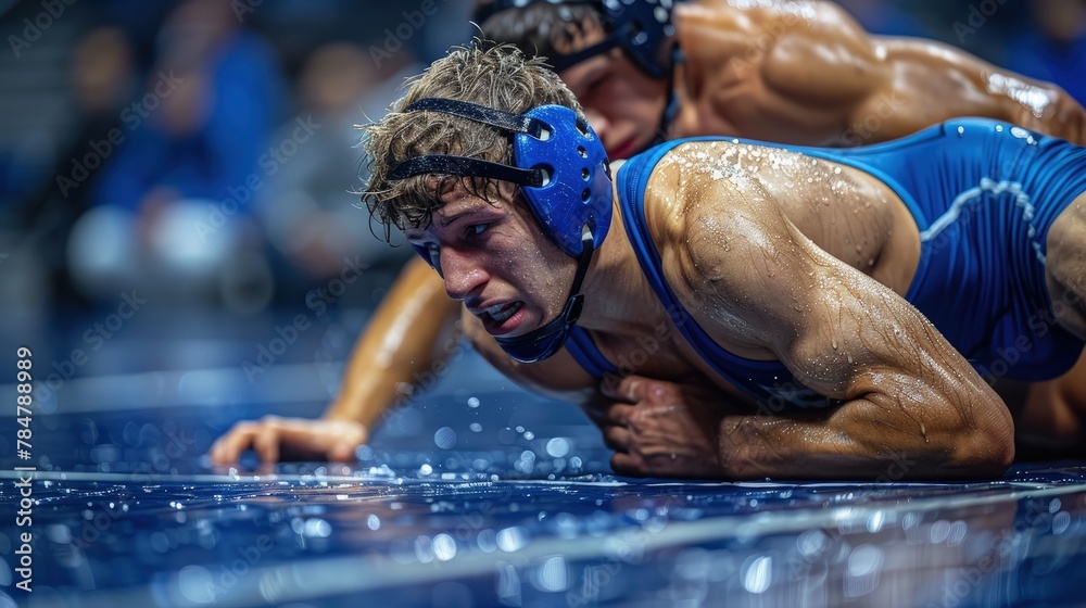 Triumphant moment of a wrestler pinning their opponent on the mat ...