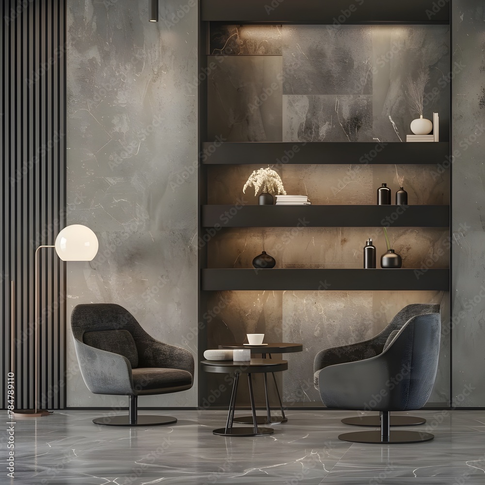 A 3D render of a modern reception lounge area with rich chairs ...