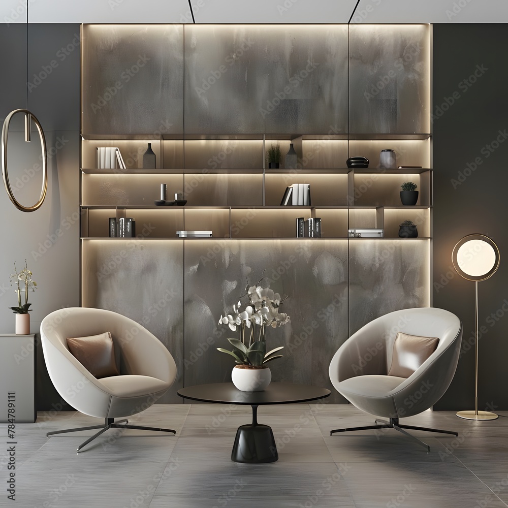 A 3D render of a modern reception lounge area with rich chairs ...