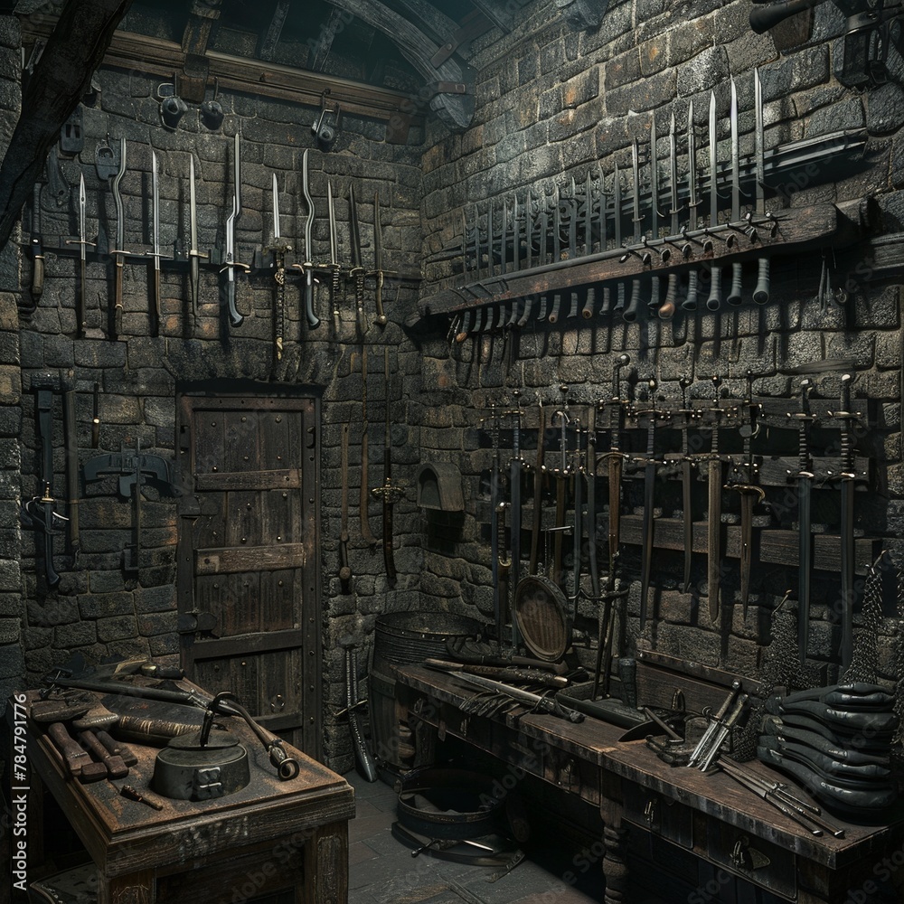 An ancient armory filled with a collection of swords, daggers, and ...