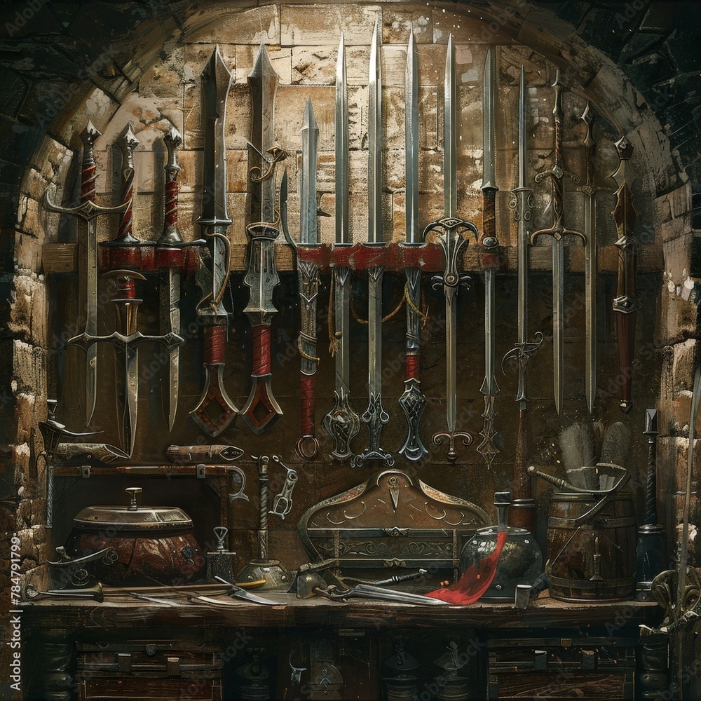 An ancient armory filled with a collection of swords, daggers, and ...