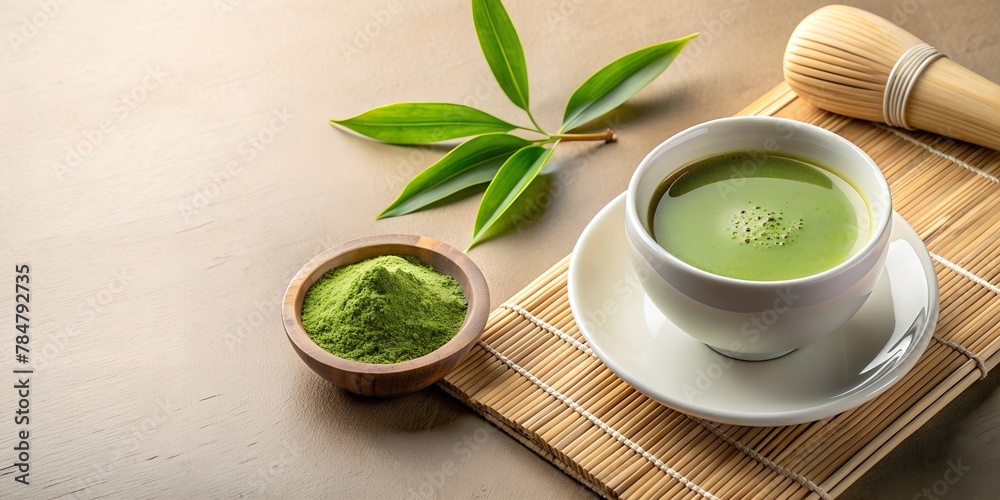 a cup with matcha and matcha powder lying on the table. next to them ...