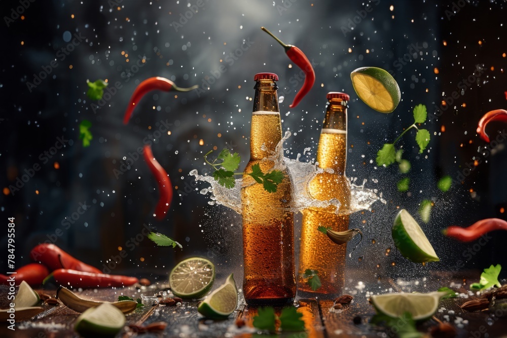 bottles of beer are captured mid-air with an explosion of flavor ...