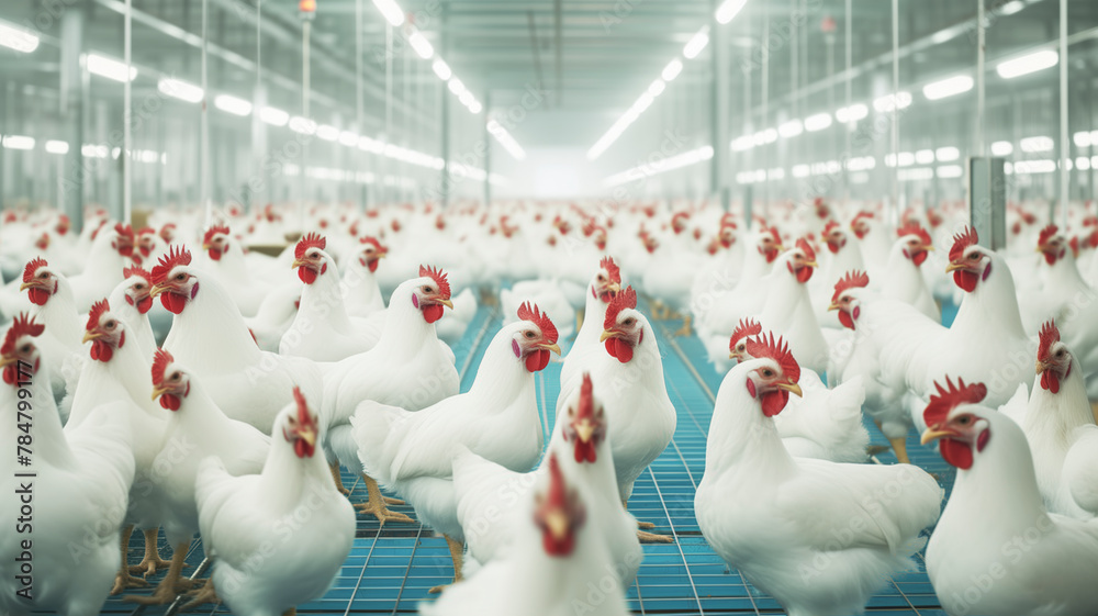 A large flock of white chickens are standing in a pen. The chickens are ...