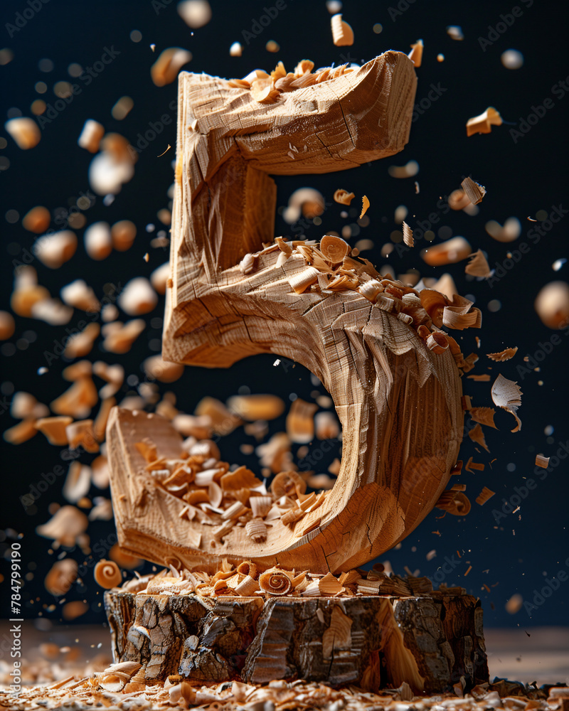 number 5 cut into wood with wood chippings flying around Stock Photo ...