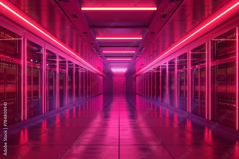 Futuristic Data Center with Pink and Red LED Lighting, High-Tech Server ...