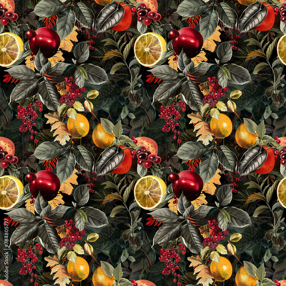 A collagestyle illustration of fruits and leaves, with layers of ...